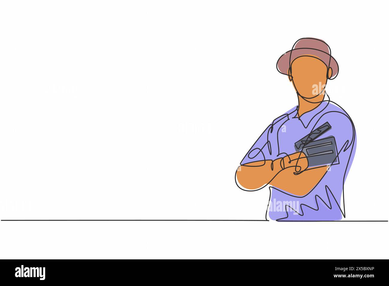 Single one line drawing young male film director cross arm on chest and ...