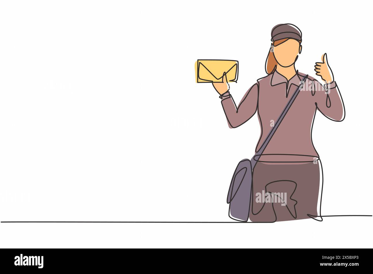 Continuous one line drawing postwoman wearing a hat and uniform with a ...