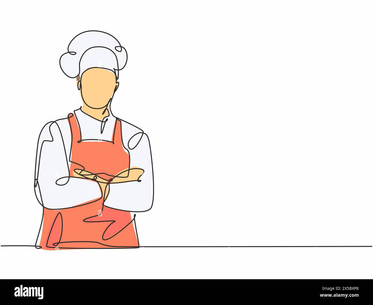 Single continuous line drawing of young confident handsome male chef in ...