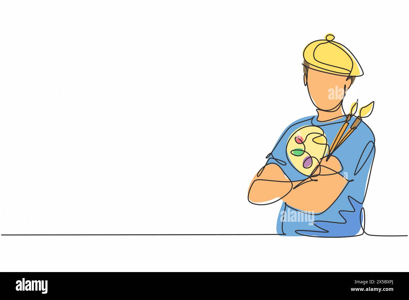 Continuous one line drawing of young male painter artist pose cross arm ...