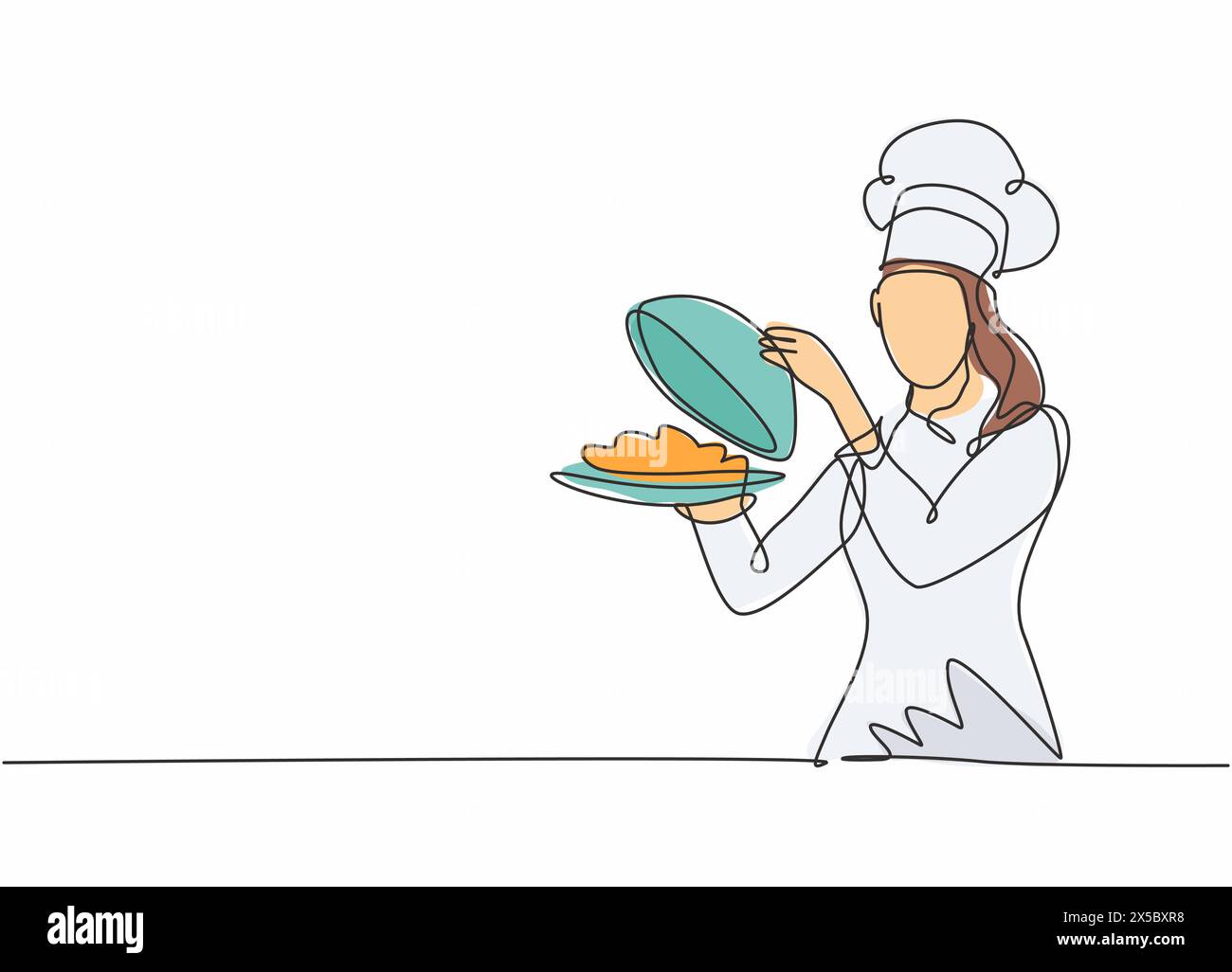 Single one line drawing young attractive female chef serving delicious ...
