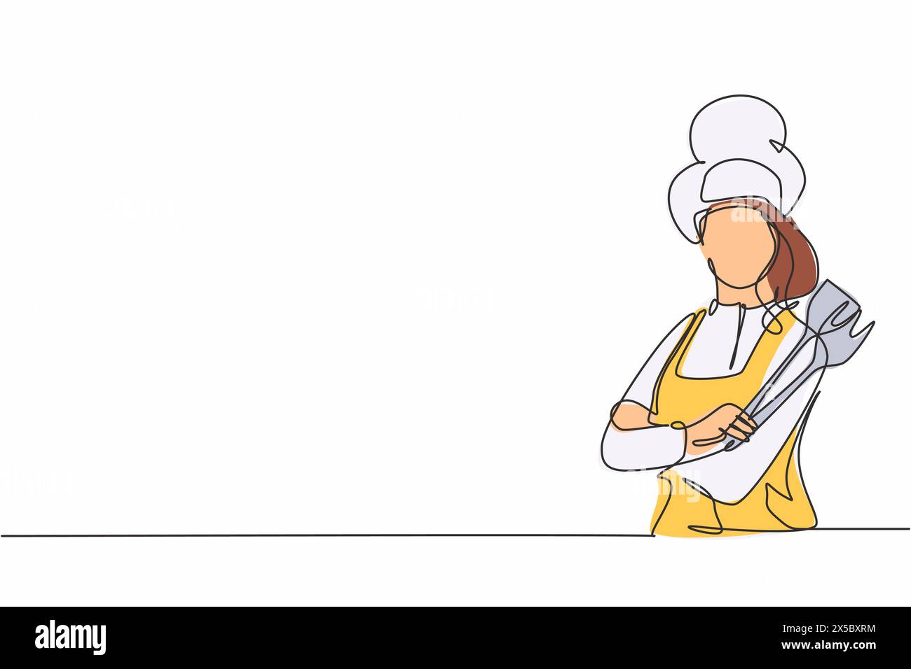 Single continuous line drawing of young female posing cross arm while ...