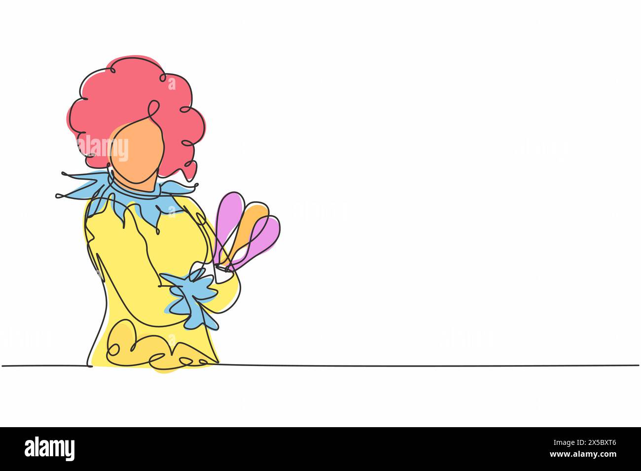 Continuous one line drawing of young female clown holding juggling pose ...