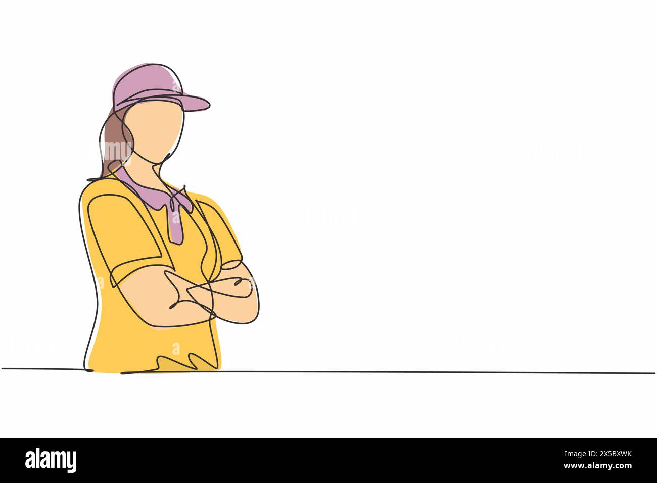 Continuous one line drawing of young deliverywoman posing crossed arms ...