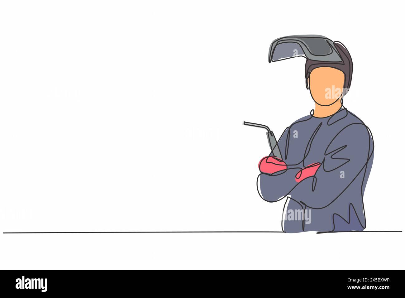 Continuous one line drawing of young male welder wearing mask posing ...