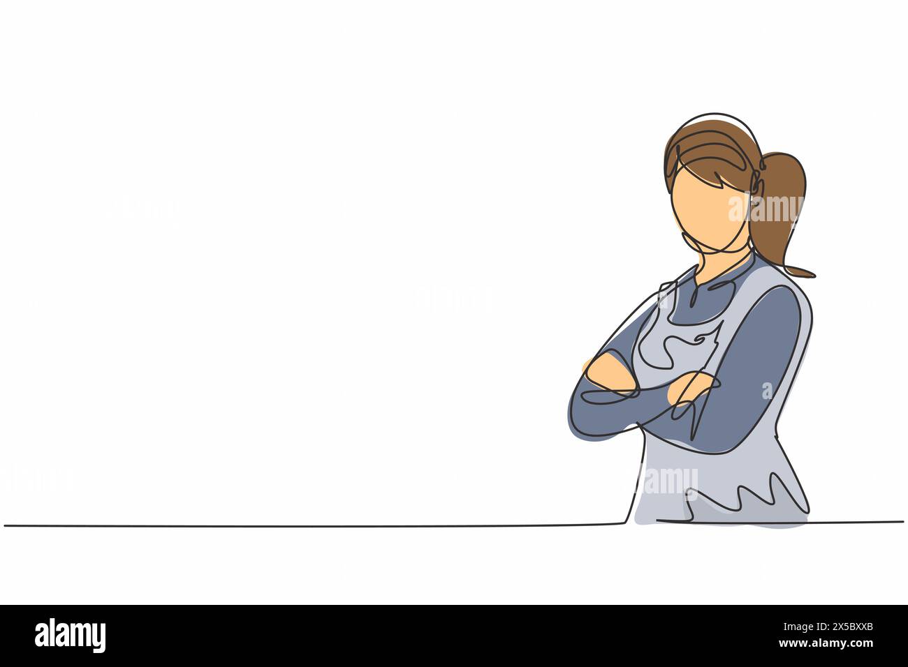 Single one line drawing of young female hotel maid pose cross arms on ...