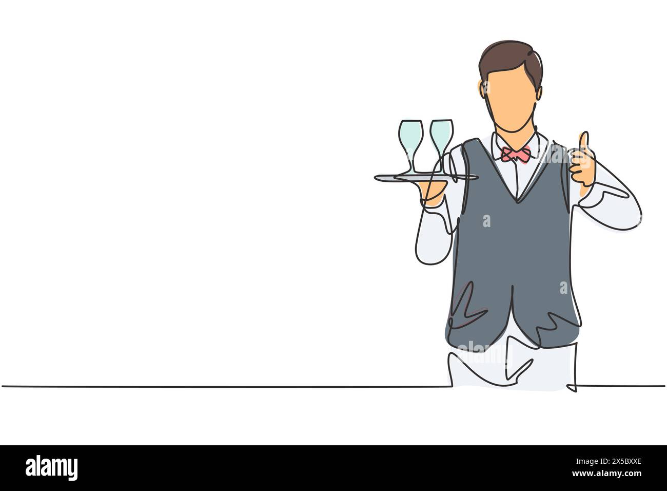 Single continuous line drawing waiter with a gesture raised his thumb ...