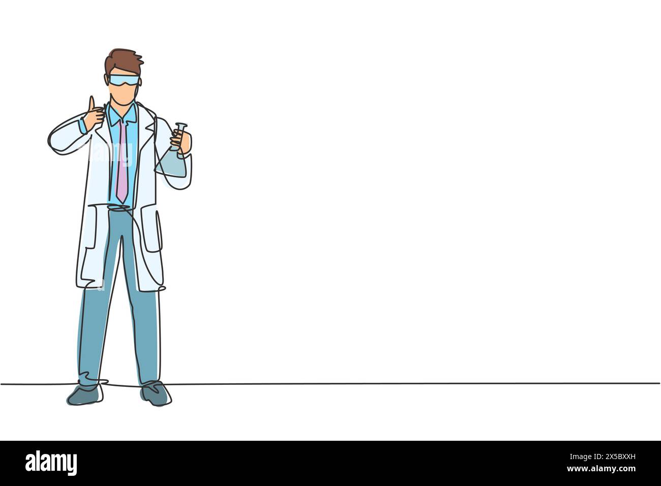 Single continuous line drawing the scientist stands with a thumbs-up ...