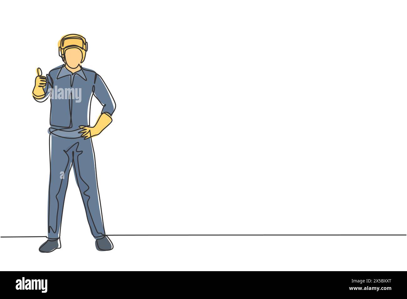 Single continuous line drawing the welder stands with a thumbs-up ...