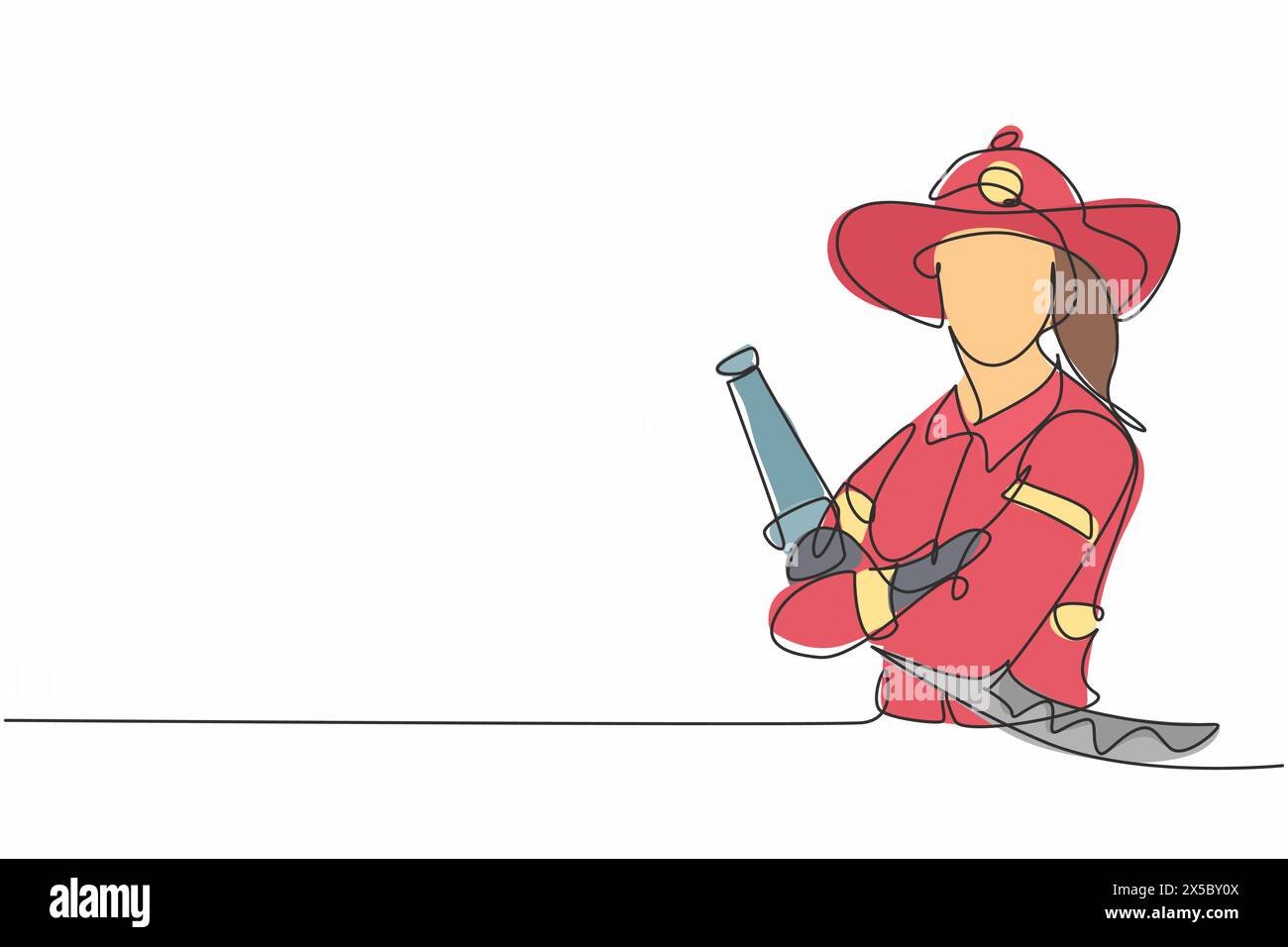 Single one line drawing of young female firefighter holding water ...