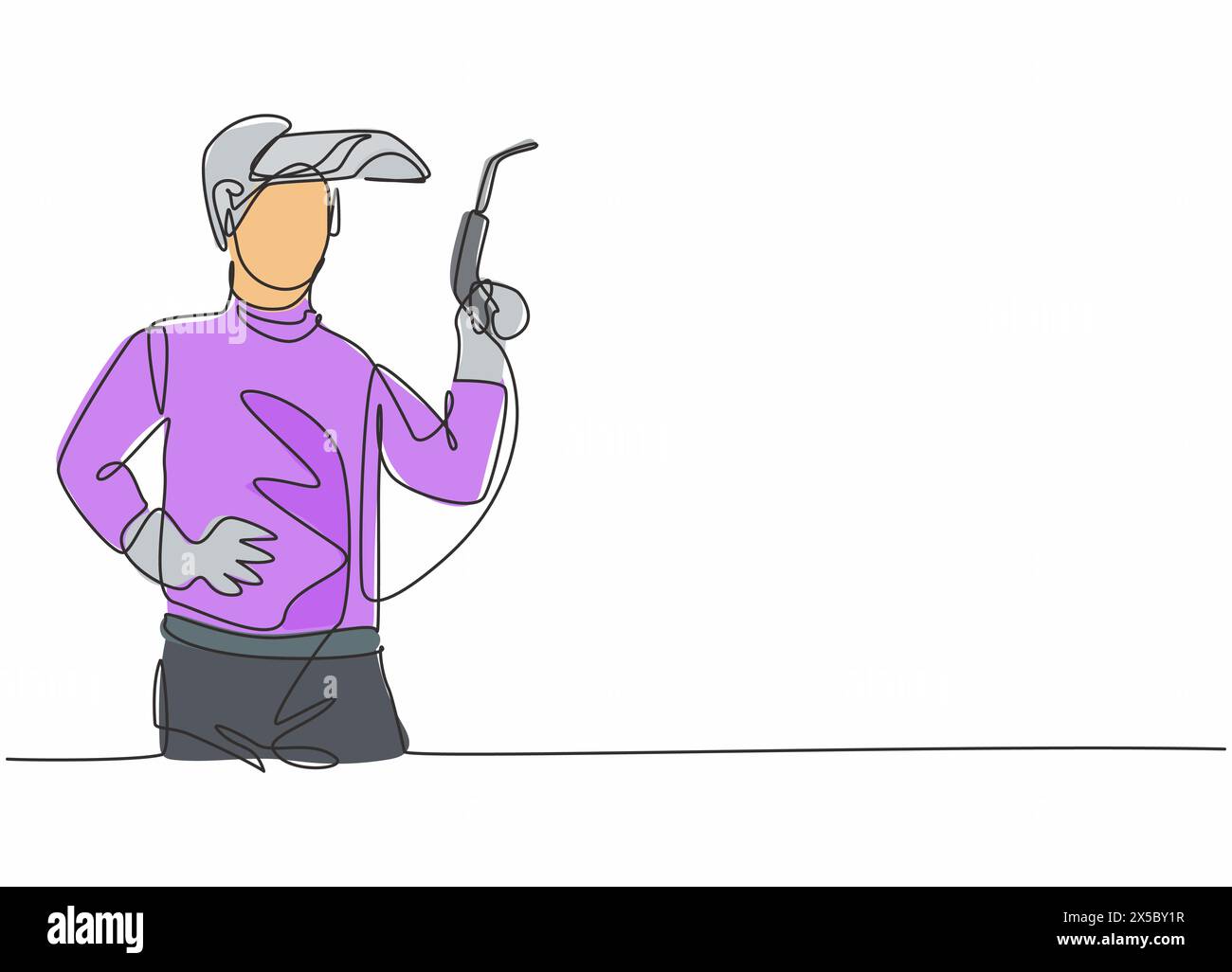 Single continuous line drawing of young male welder wearing mask and ...