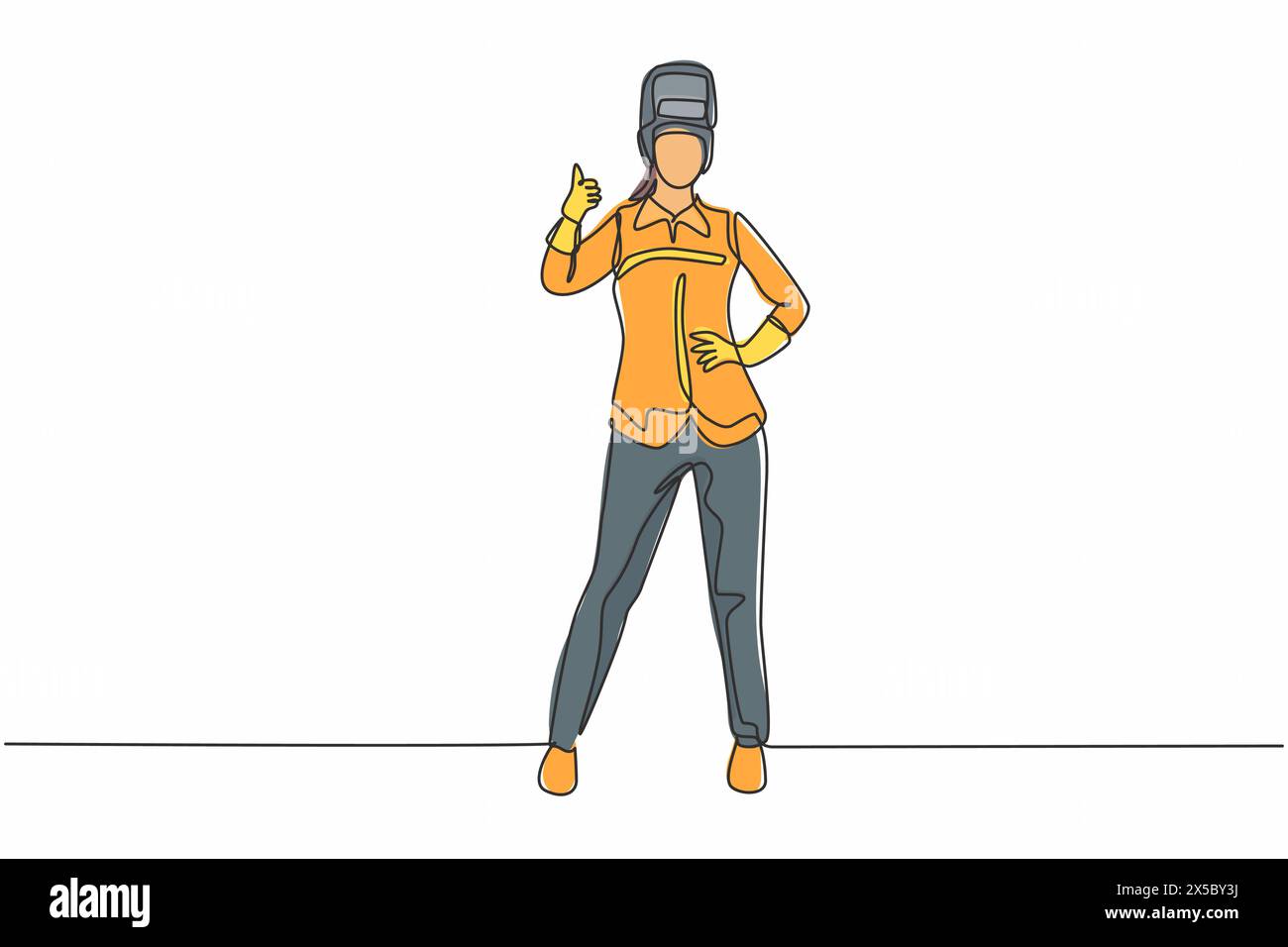 Single one line drawing of female welder stands with a thumbs-up ...