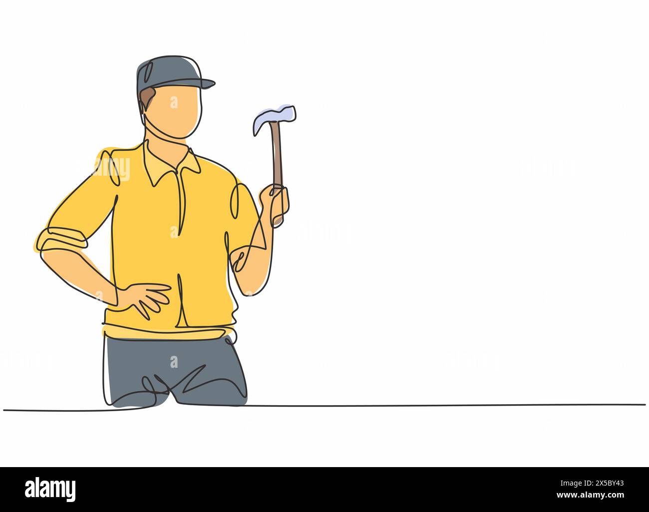 Single one line drawing of young handyman holding hammer ready to work ...