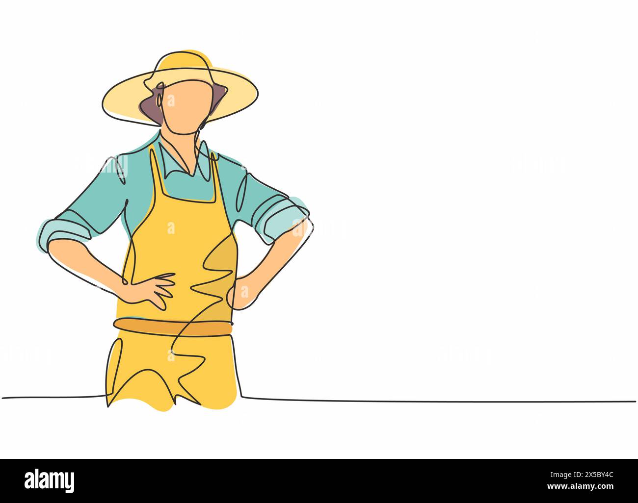 Single one line drawing of young male farmer wearing farming cloth with ...