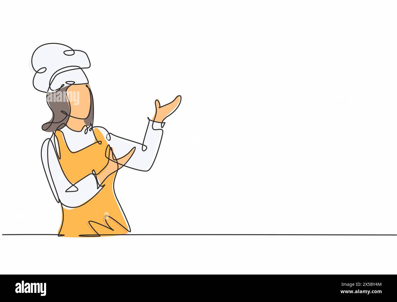 Single continuous line drawing of young friendly woman chef in uniform ...