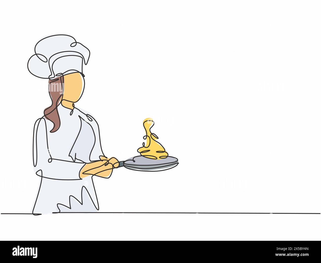 Single continuous line drawing of young confident beauty female chef ...