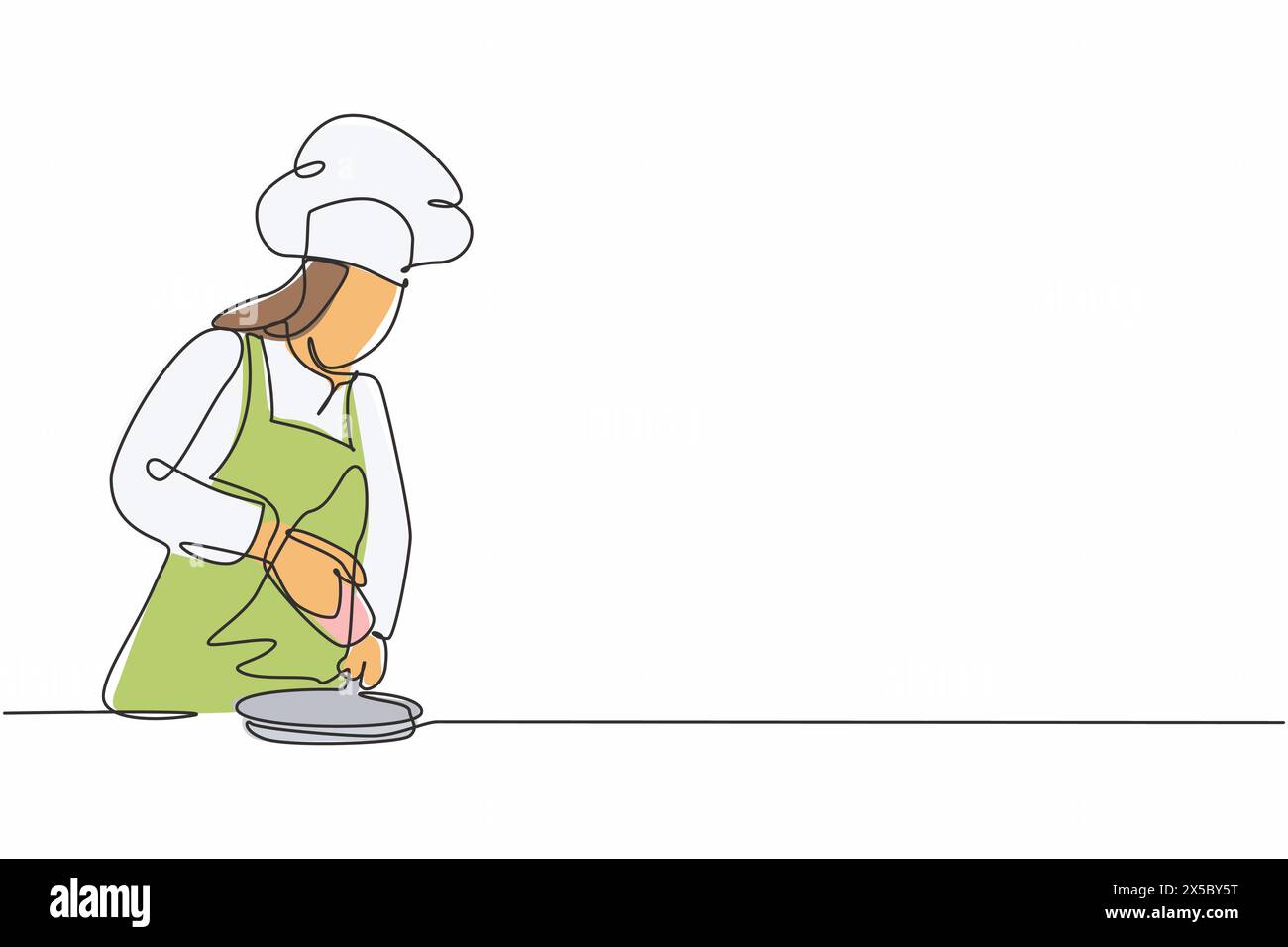 Single one line drawing of young happy female chef sparkling salt ...