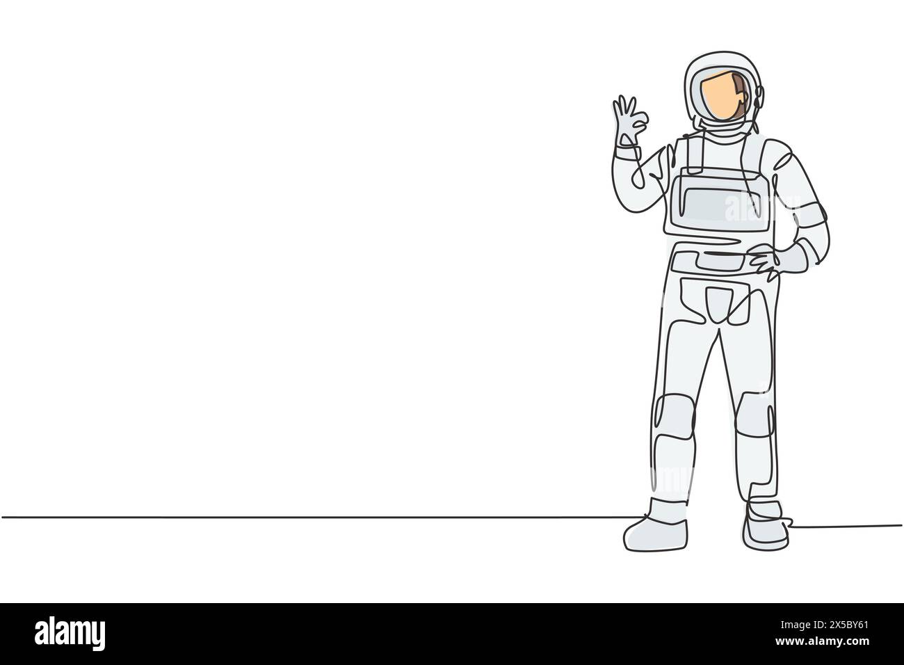 Single continuous line drawing astronaut stands with gesture okay ... Single continuous line drawing astronaut stands with gesture okay ...