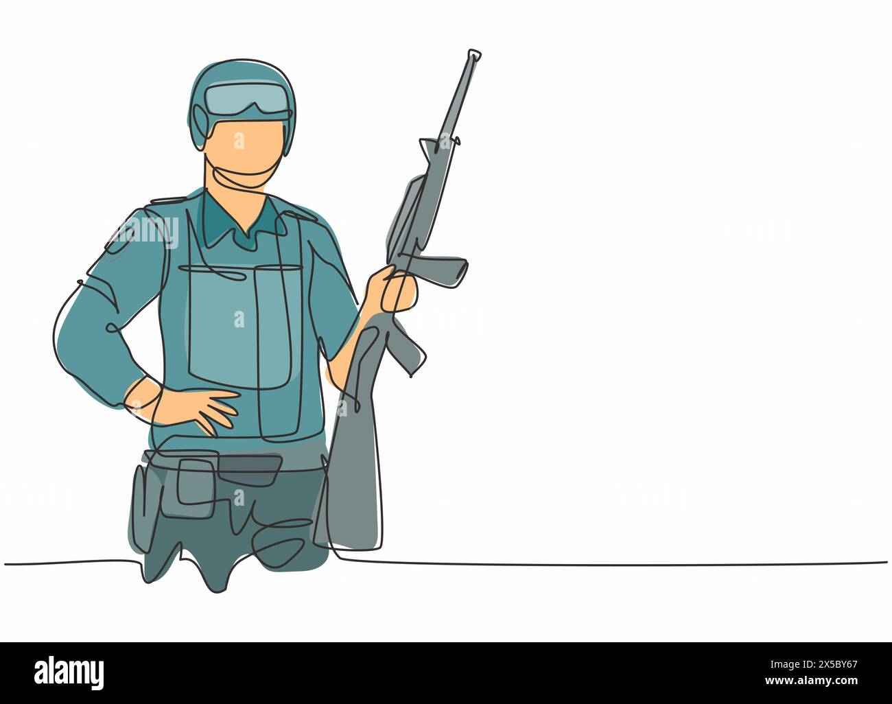 Single one line drawing of young male soldier holding riffle weapon ...