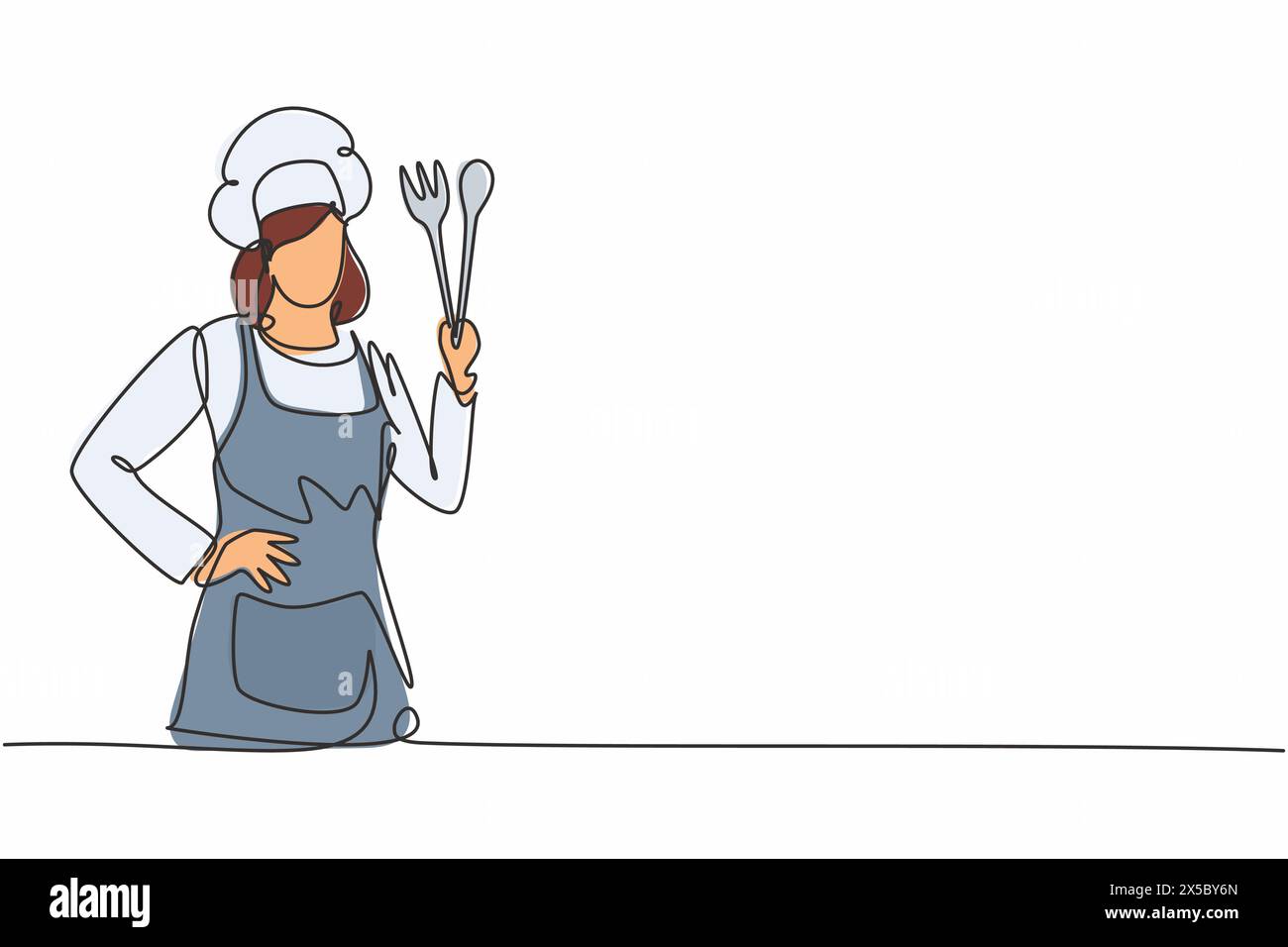 Single one line drawing of young beauty female chef posing with hands ...
