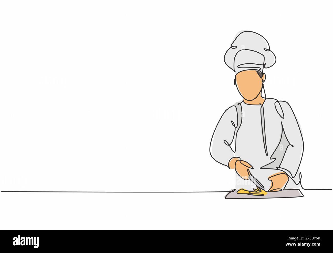 Single one line drawing of young happy attractive male chef slicing ...