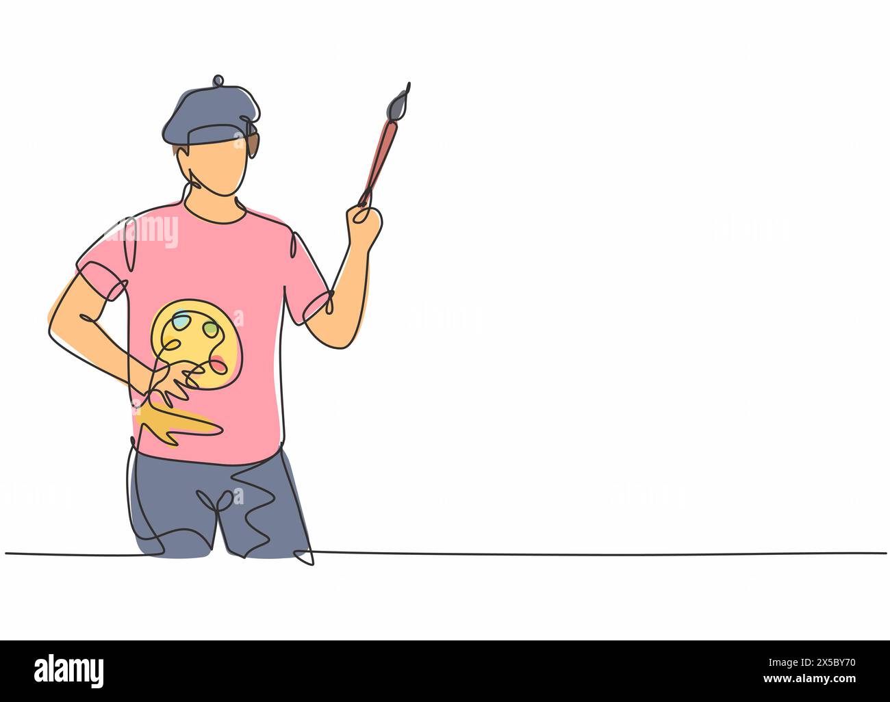 Continuous one line drawing of young painter with flat cap holding ...