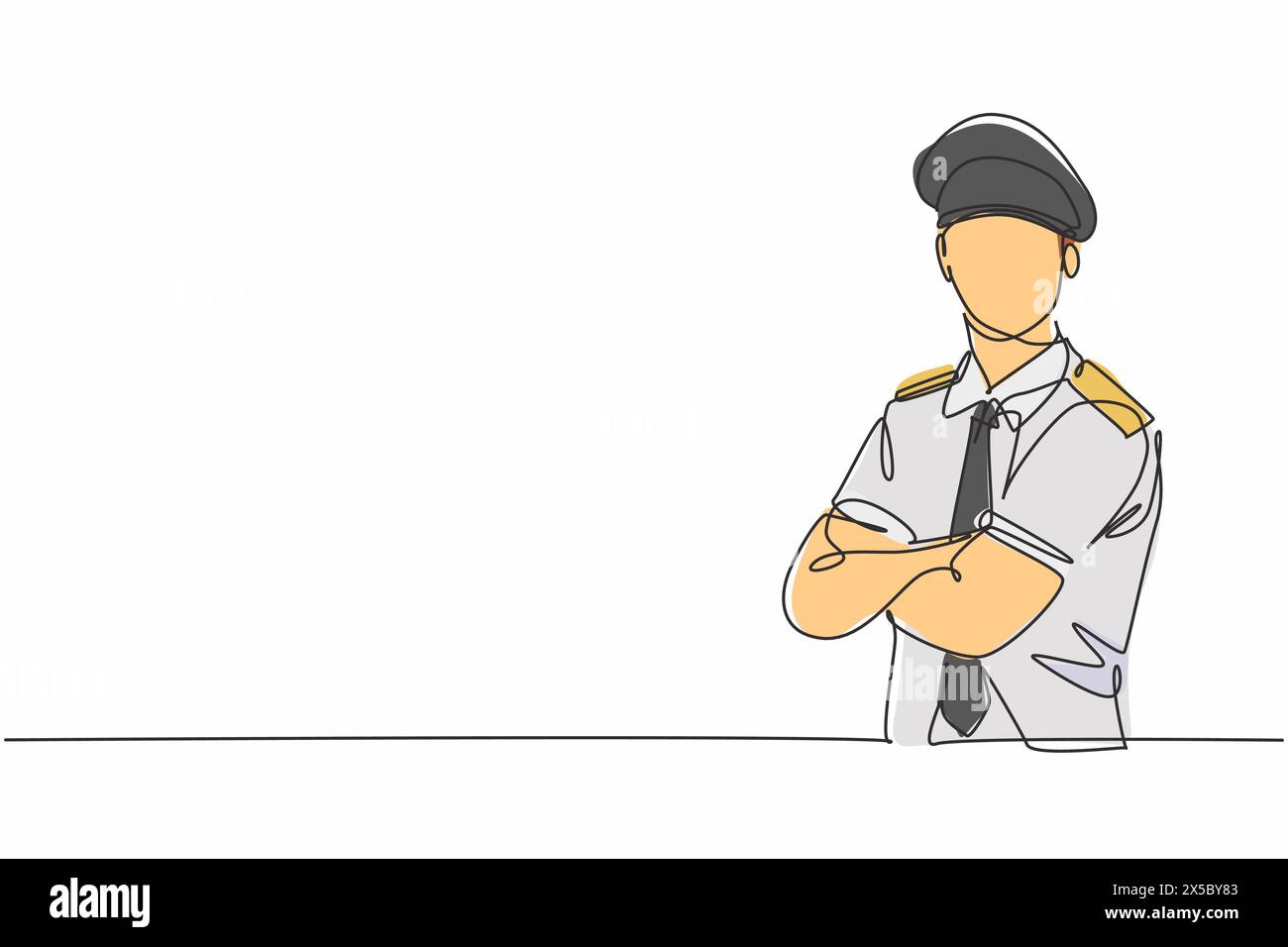 Single continuous line drawing of young male pilot posing cross his arm ...