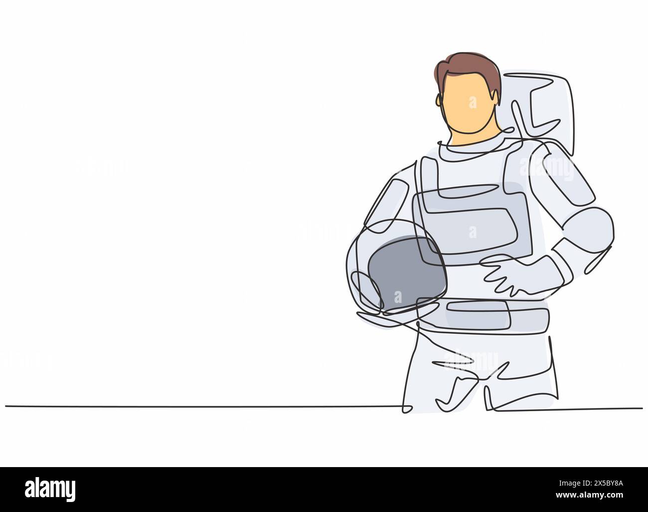 Single continuous line drawing of young male astronaut holding helmet. Professional work job ...