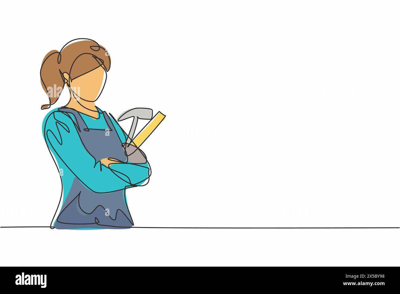 Single one line drawing of young female carpenter holding hammer pose ...
