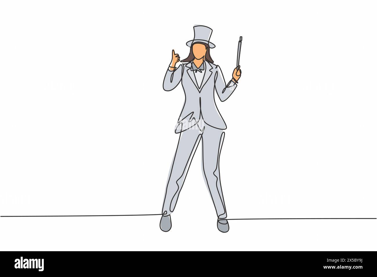 Single continuous line drawing female magician stands with thumbs-up ...
