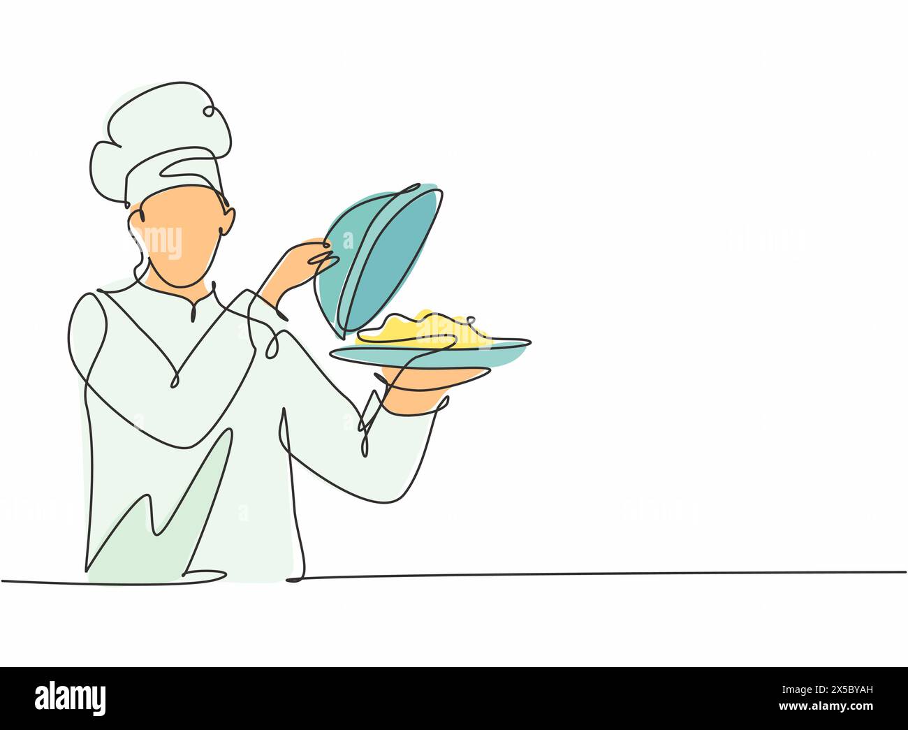 Single one line drawing of young attractive male chef serving delicious ...