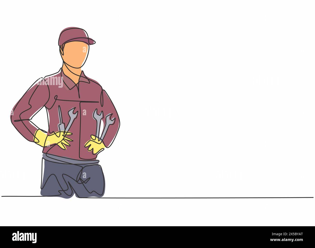 Single continuous line drawing of young man mechanic holding wrench set ...