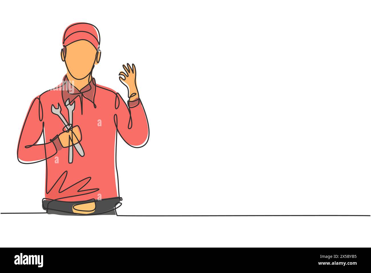 Continuous one line drawing male mechanic with gesture okay and holding ...