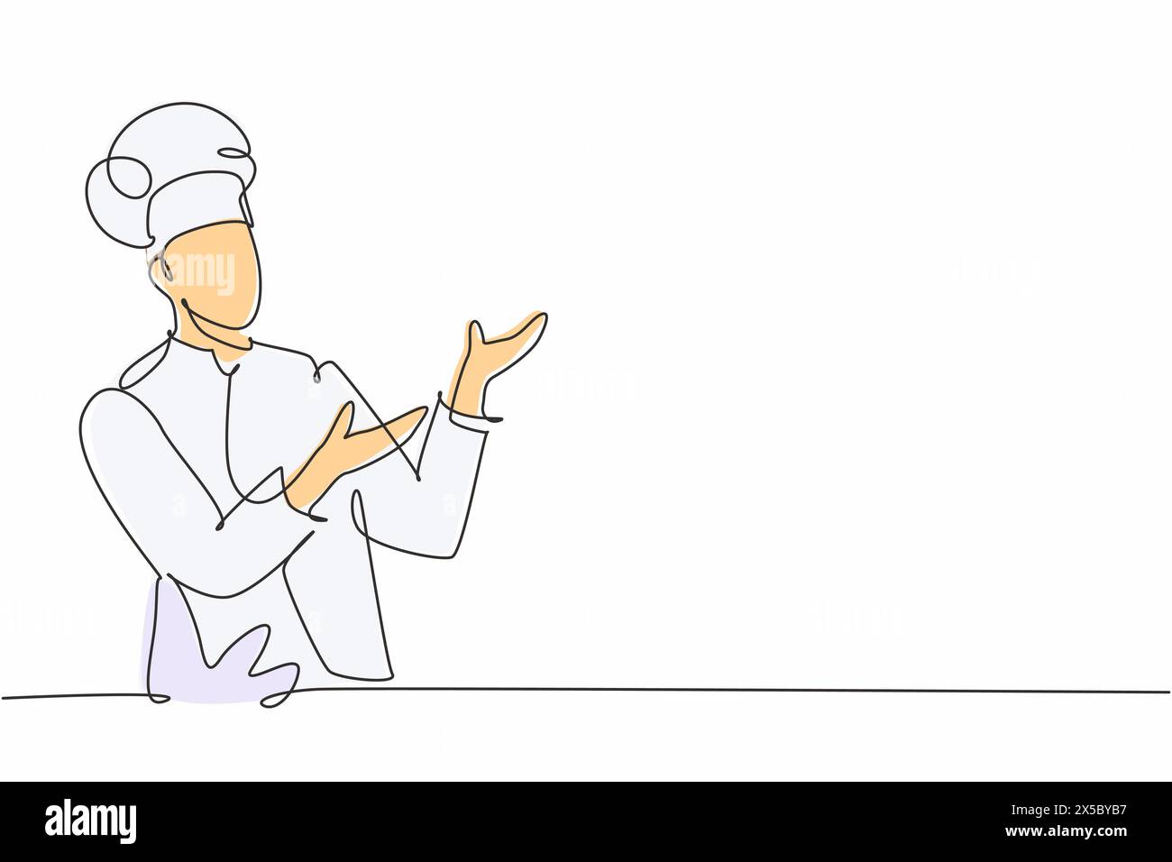 Single continuous line drawing of young friendly man chef in uniform ...