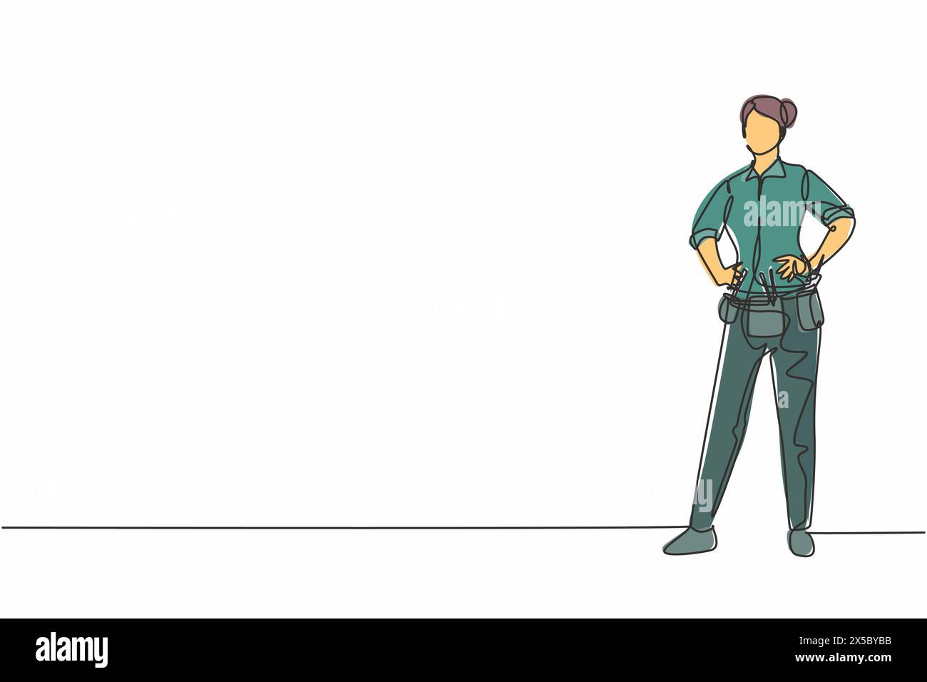 Continuous one line drawing of young beauty female mechanic standing ...