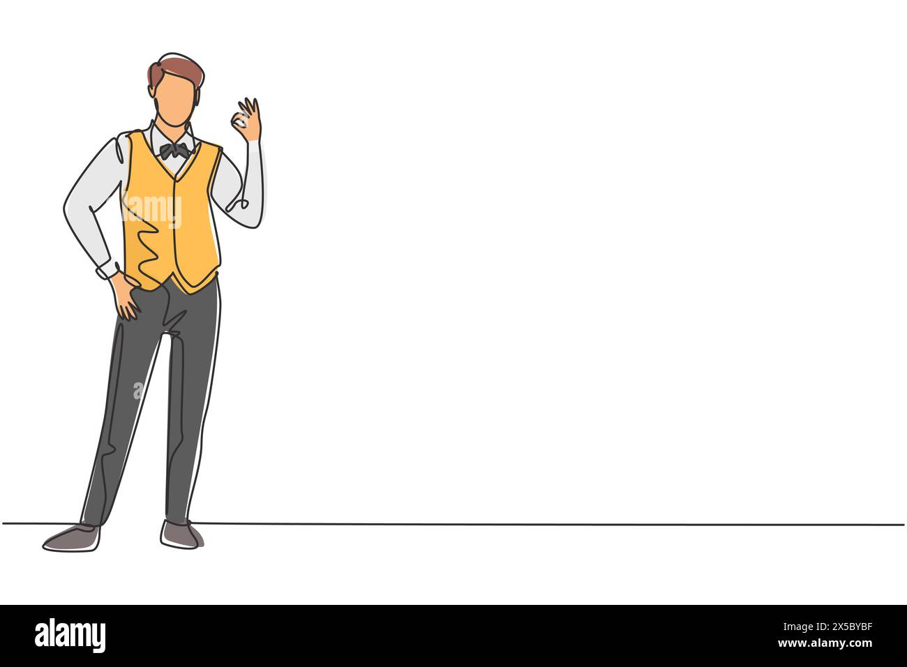 Single one line drawing of steward stands in uniform with gesture okay ...