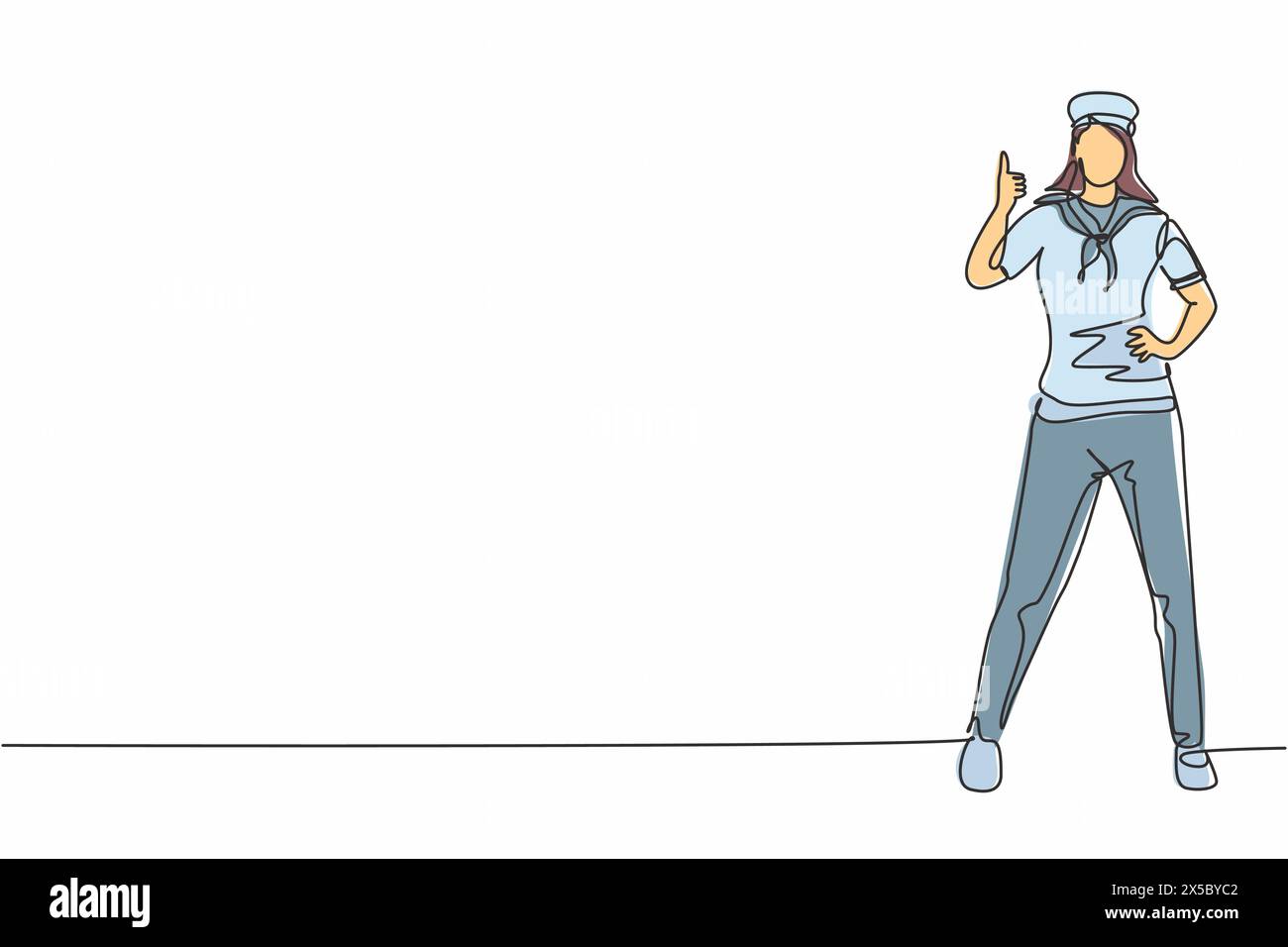 Single one line drawing of sailor woman stands with a thumbs-up gesture ...