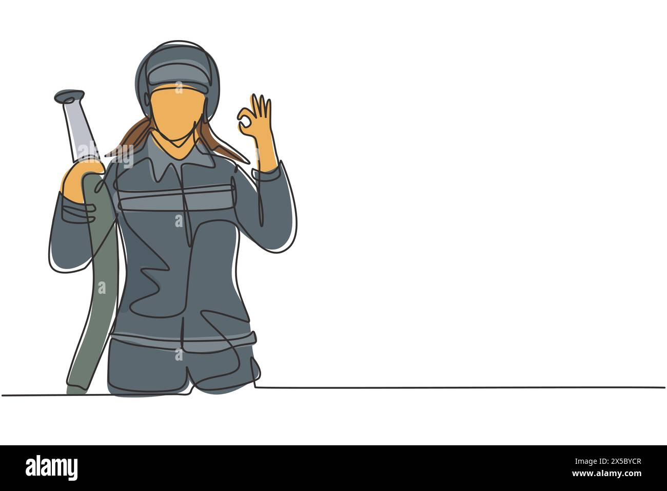 Single continuous line drawing firefighters with full uniform, gesture ...