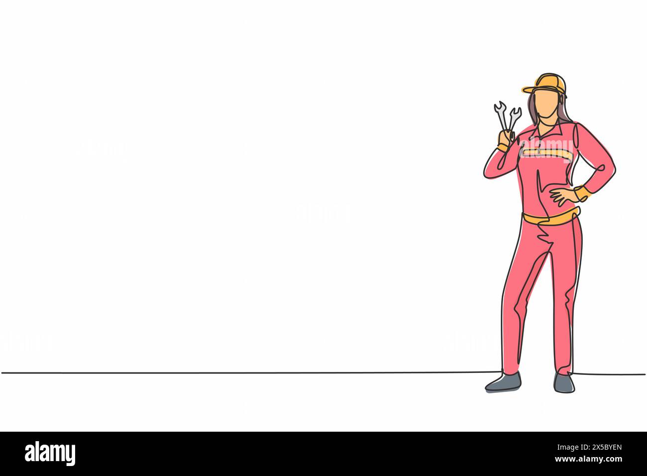Single one line drawing of young beauty female mechanic posing with ...