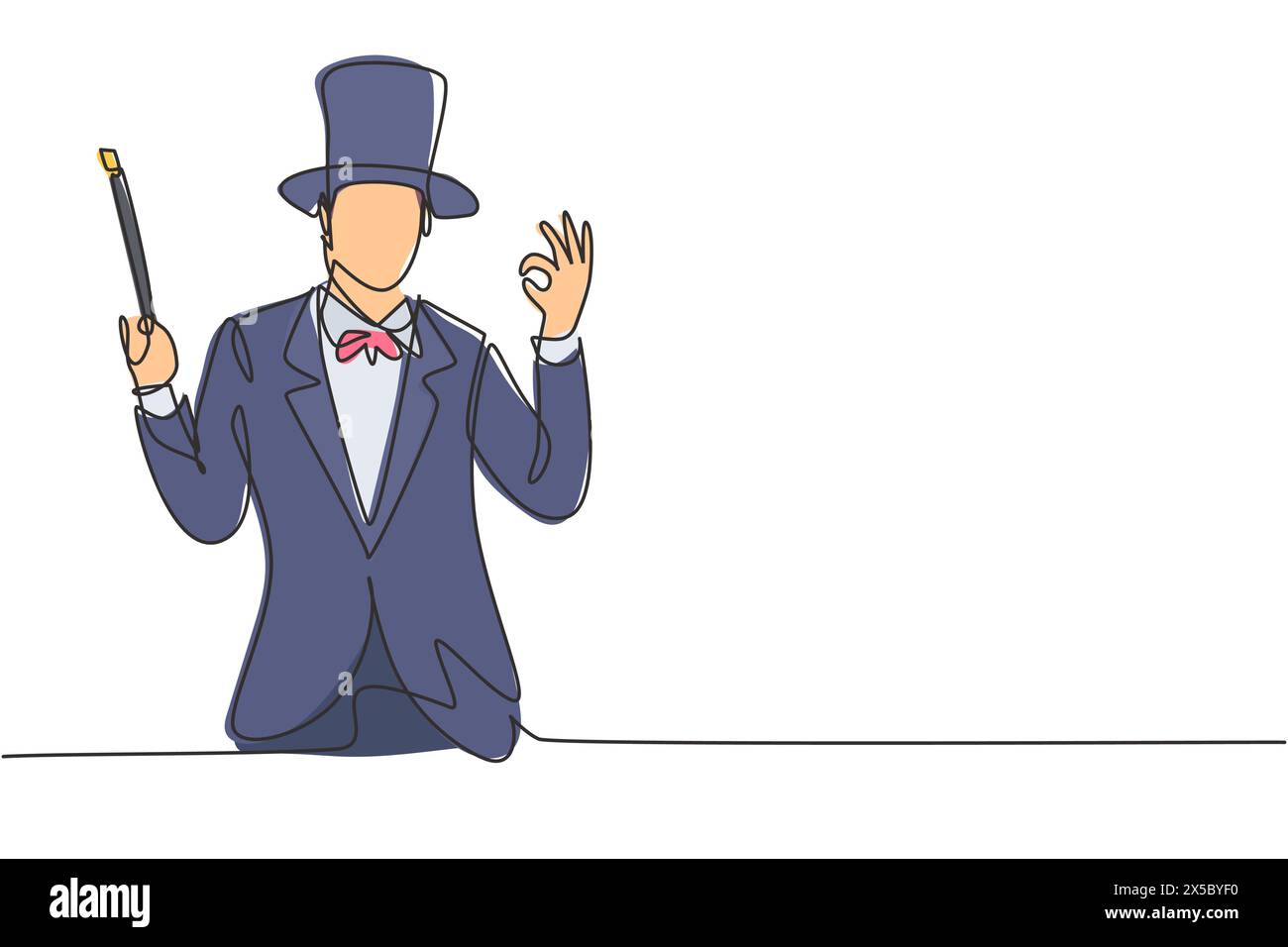 Continuous one line drawing magician with gesture okay wearing hat and ...