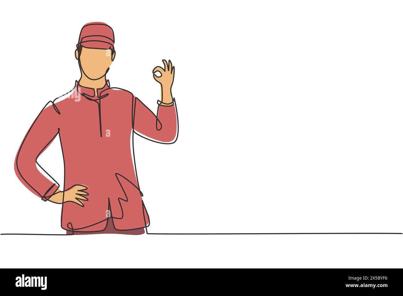 Single continuous line drawing hotel doorman in neat uniform with ...