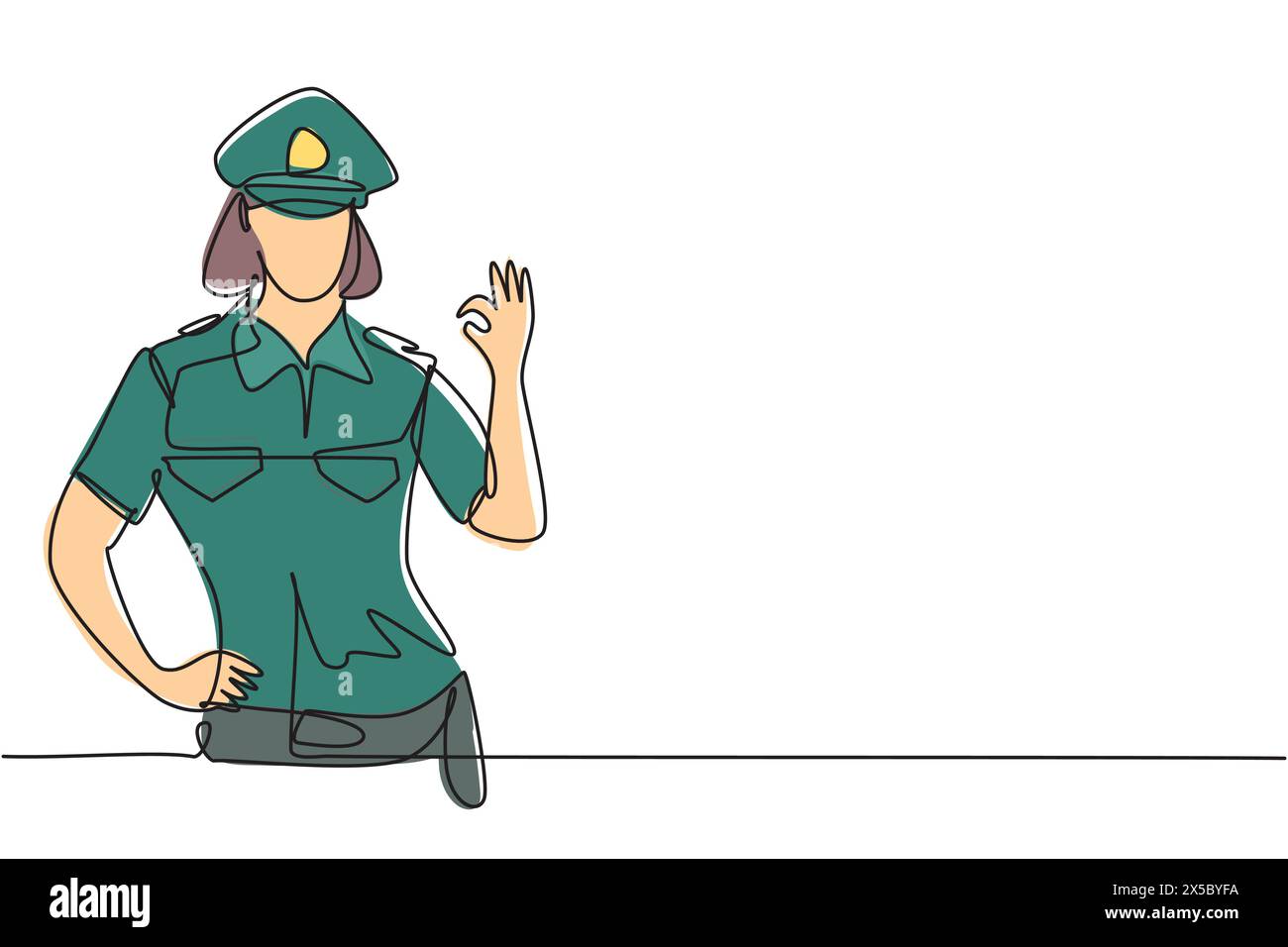 Single continuous line drawing policewoman with gesture okay and full ...