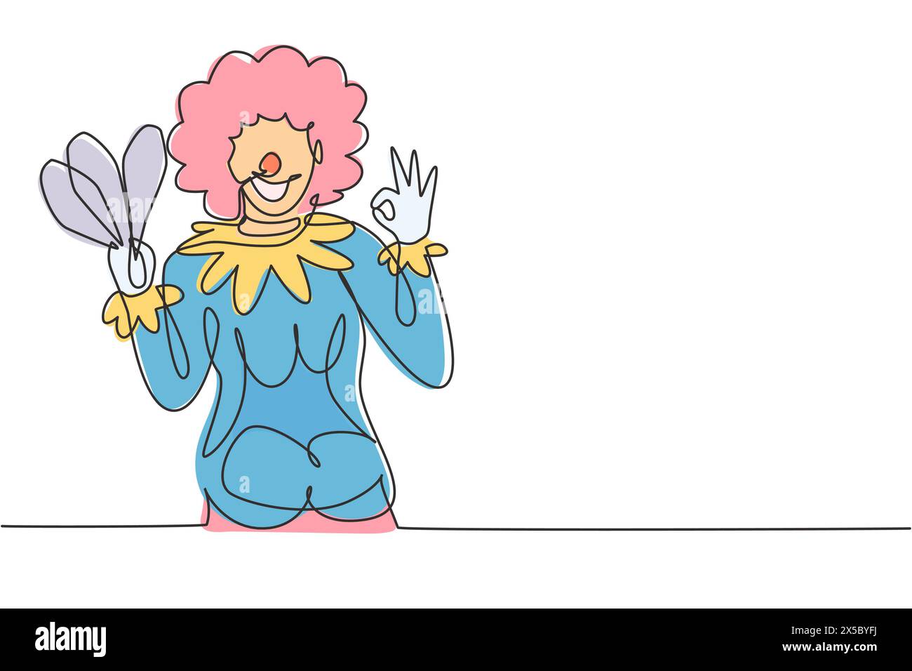 Continuous one line drawing female clown with gesture okay, wearing wig ...