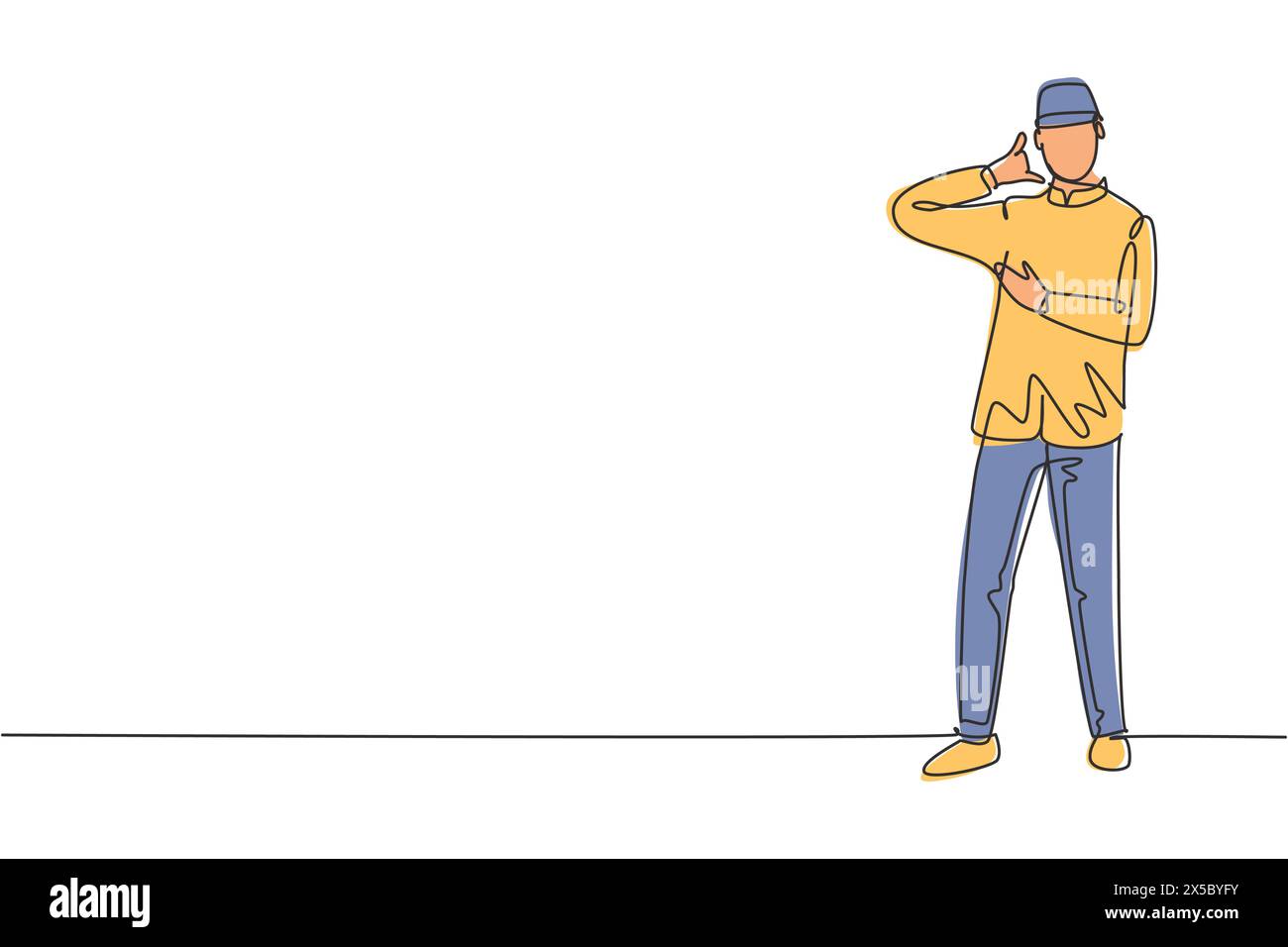 Single one line drawing hotel doorman stood with call me gesture and ...