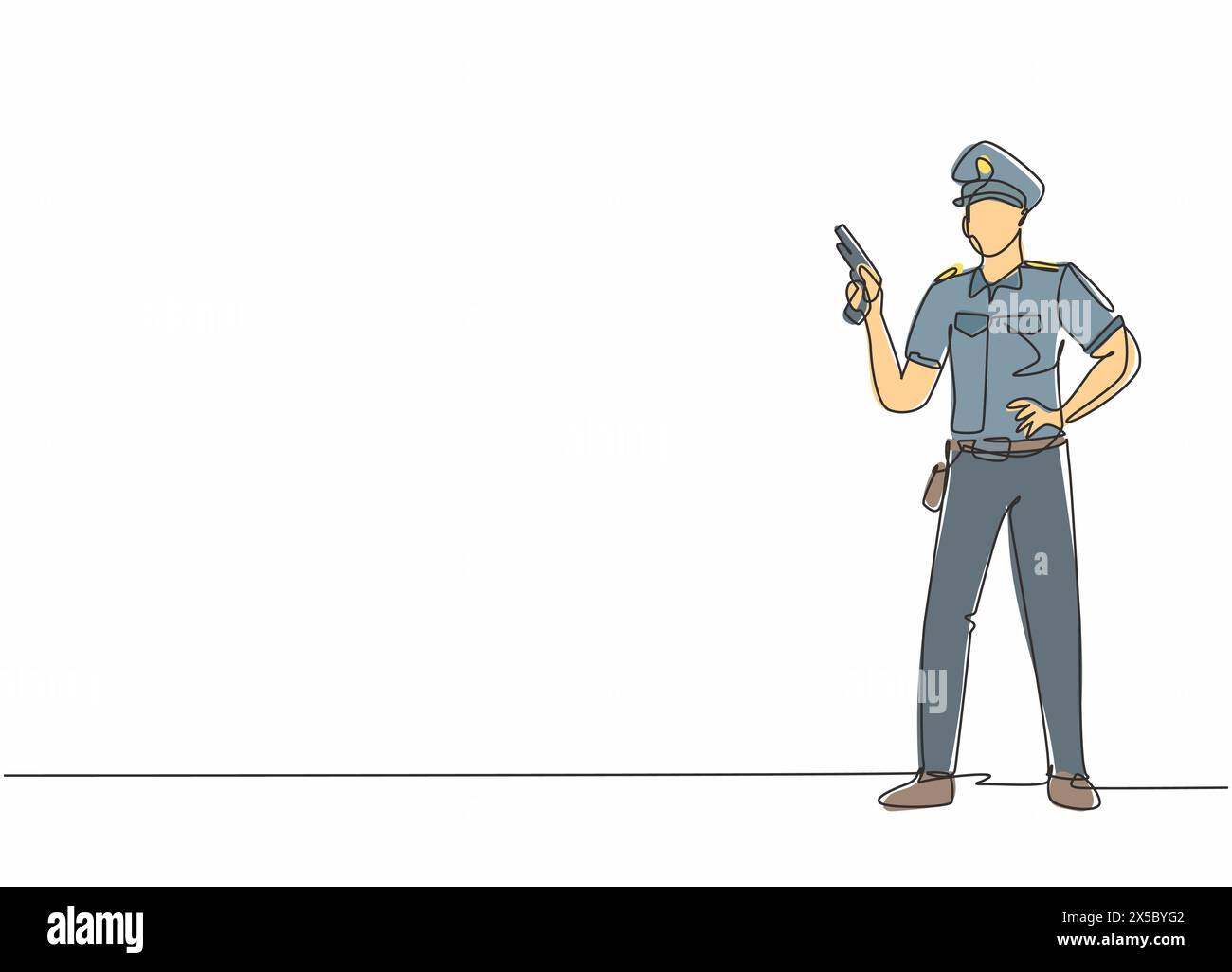 Single one line drawing young policeman pose standing while holding ...