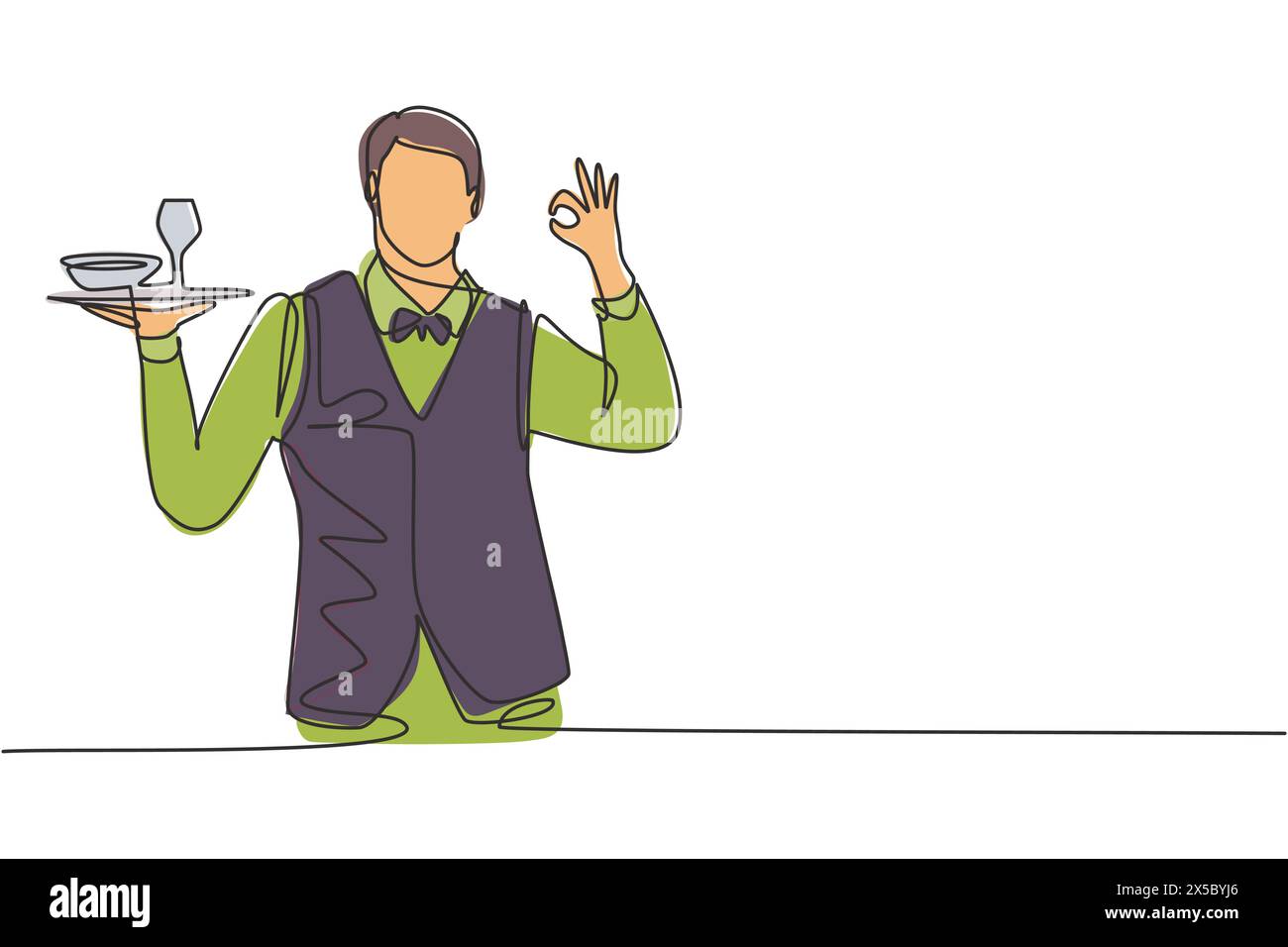 Single one line drawing of waiter with gesture okay and brought a tray ...
