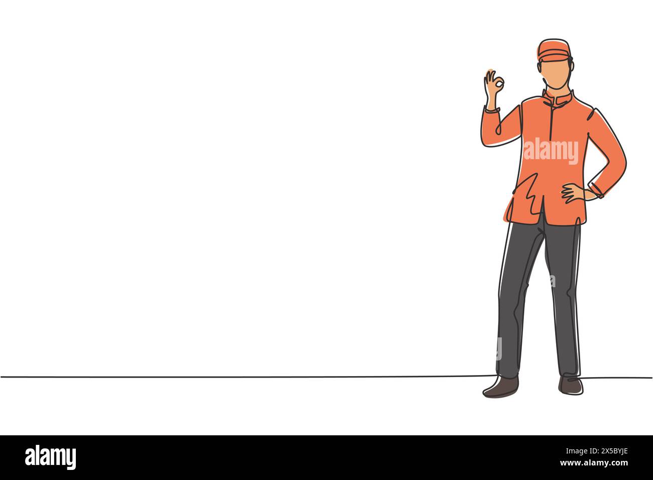 Single one line drawing of doorman stood with one hand on his waist and ...