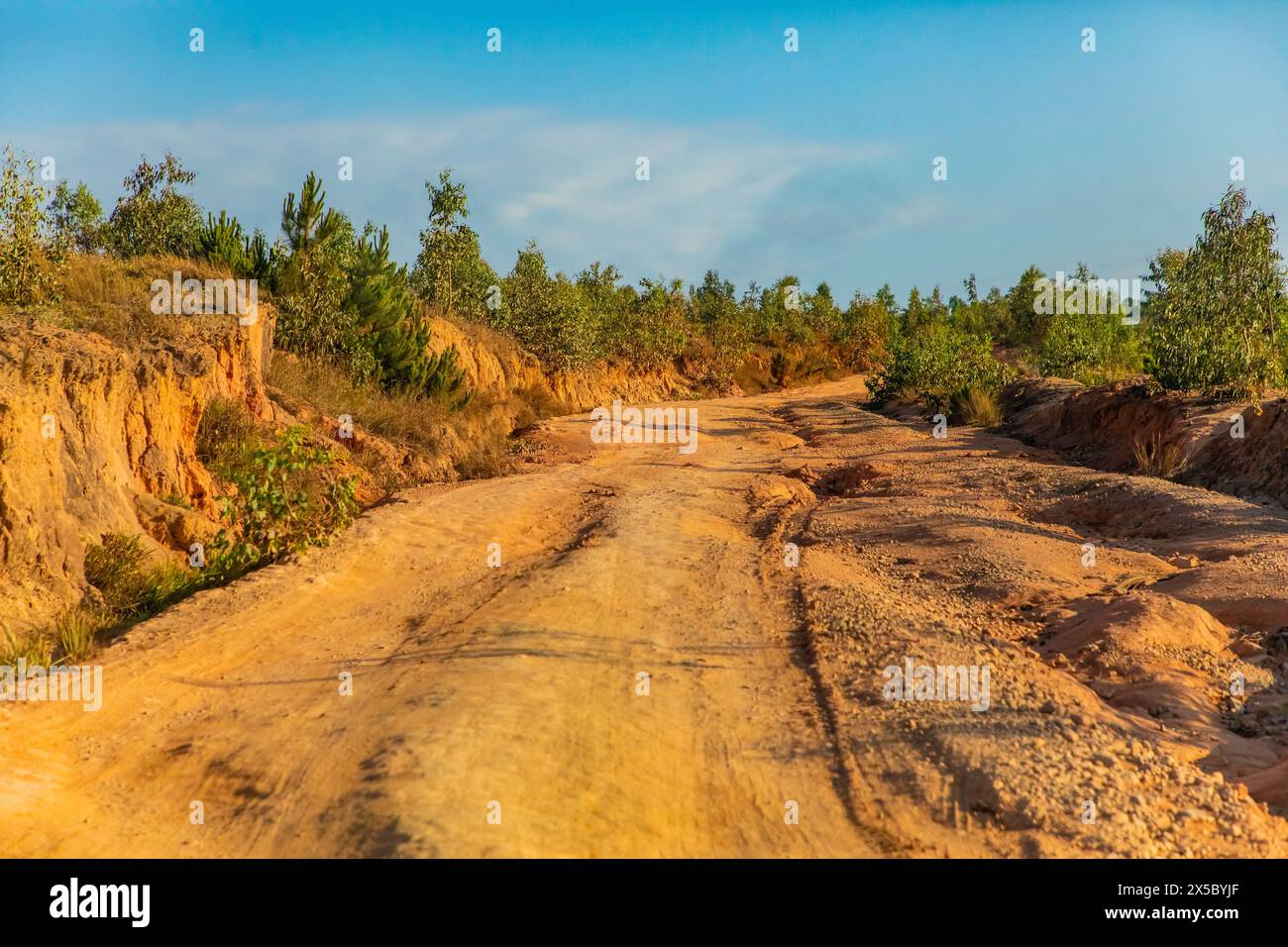 Red dust and mud road in poor condition with large holes and bumps ...