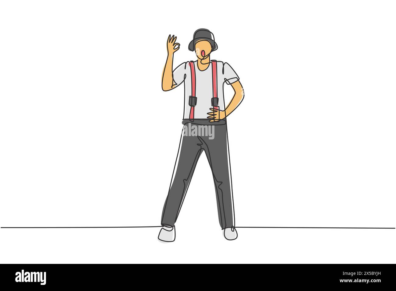 Single continuous line drawing mime artist stands with gesture okay and ...