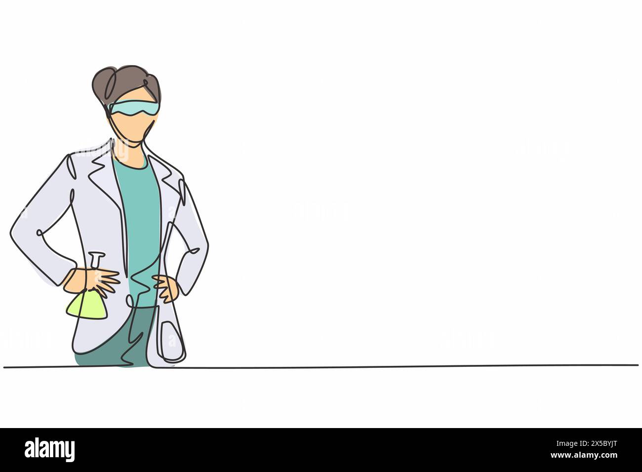 Single continuous line drawing of young female scientist holding flask ...